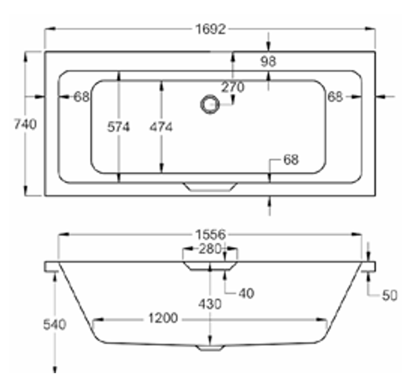 Carronite Integra Single Grip Double Ended Acrylic Bath 1700x750mm ...