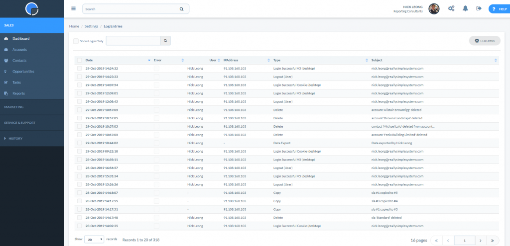 SpotlerCRM System Log | An audit trail of your CRM activity