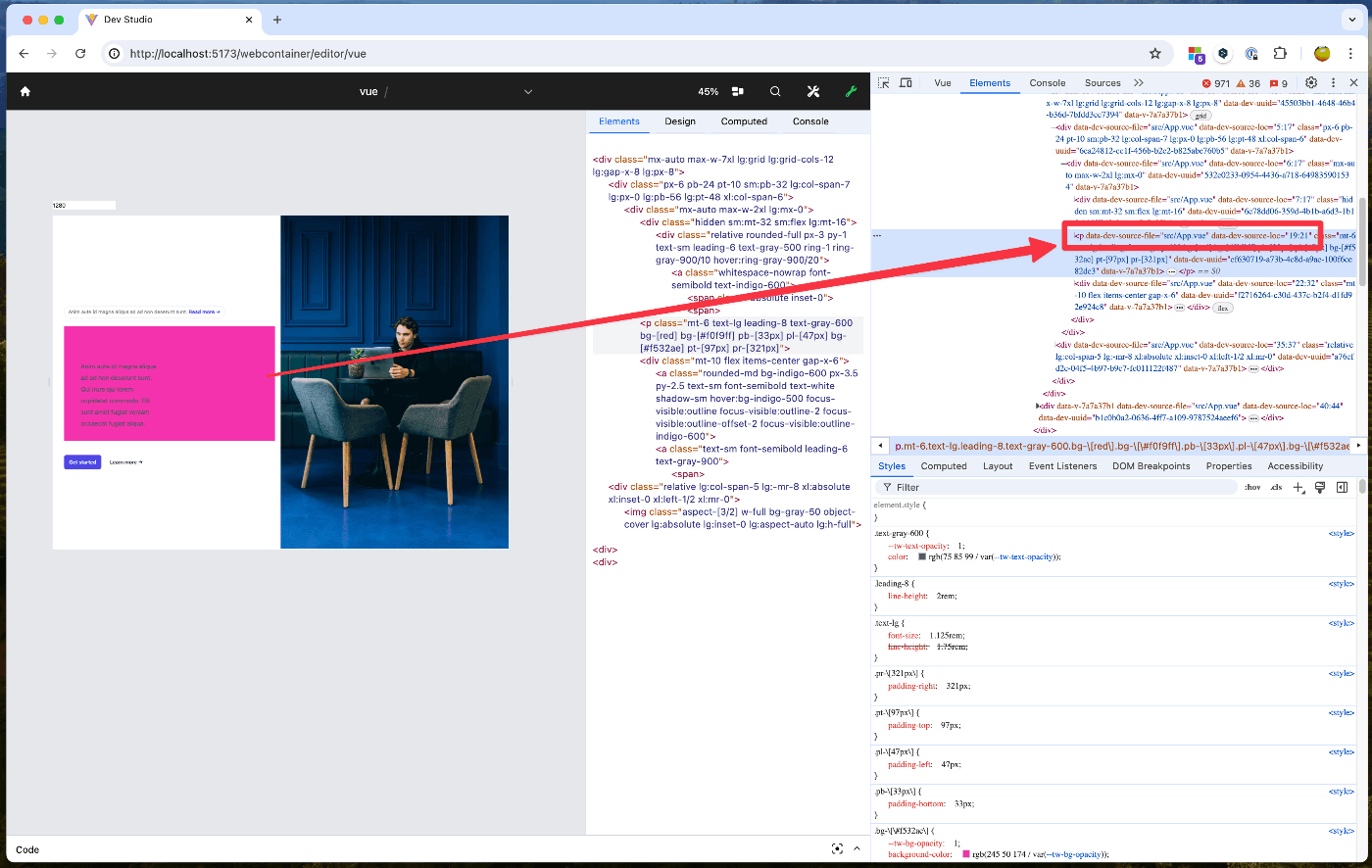 ブラウザで node.js 動かして astro, vue, html をコードと GUI で書く