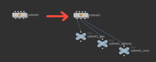Houdini PythonでSubnetの出力コネクタにNullノードを接続（備忘録5）