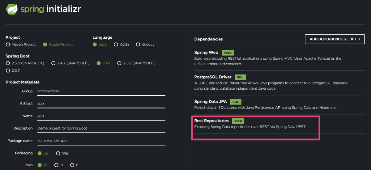 Java Spring Boot Postgresql Spring Data Rest でrest Api