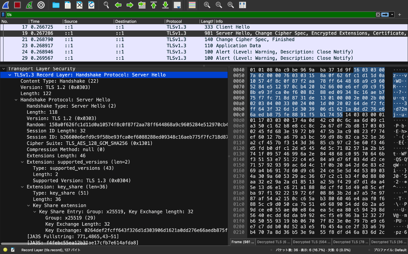鍵交換と暗号化（Client Hello と Server Hello）