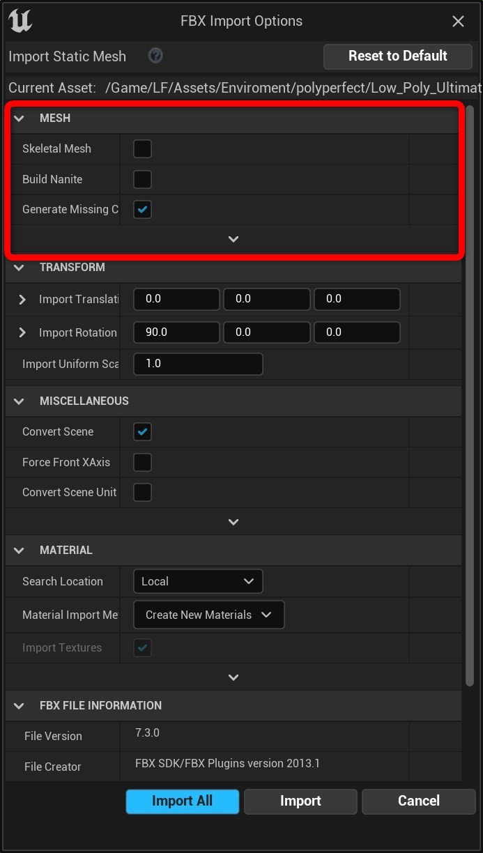 アセットをインポートする設定について解説！[UE4,UE5]