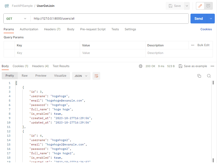 FastAPIでMySQLのデータベースCRUD操作