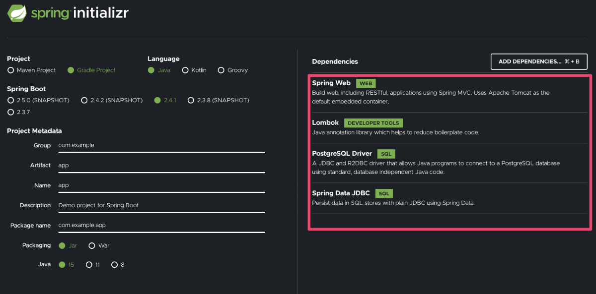 Docker Compose 下で Java Spring Boot Postgresql Spring Data Jdbc編