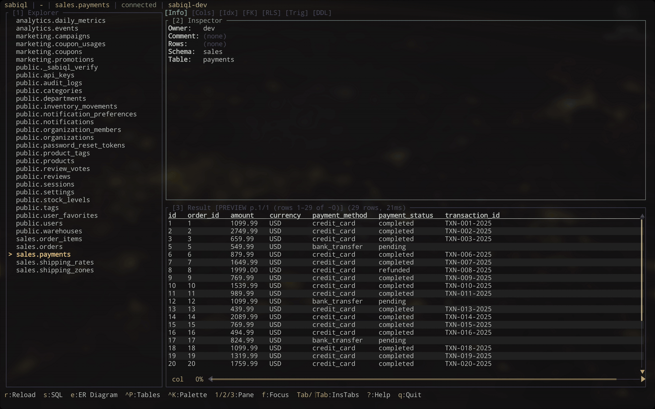 driver不要のRust製PostgreSQL用爆速TUIツール、sabiqlを作った