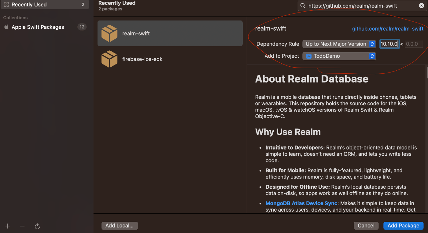 SwiftUIにRealmを追加する