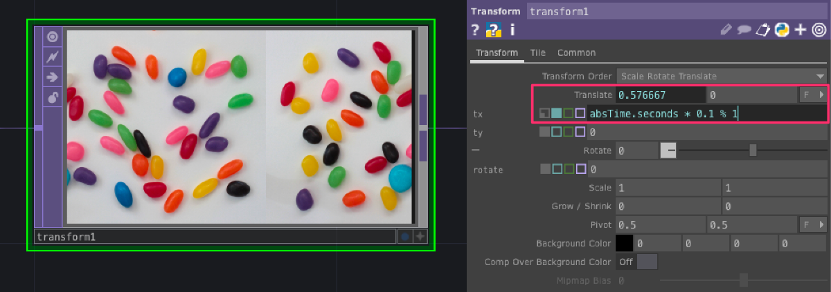 [TouchDesigner] transform TOPのTileをrepeatにしてxを加算させ続けるとジャギる